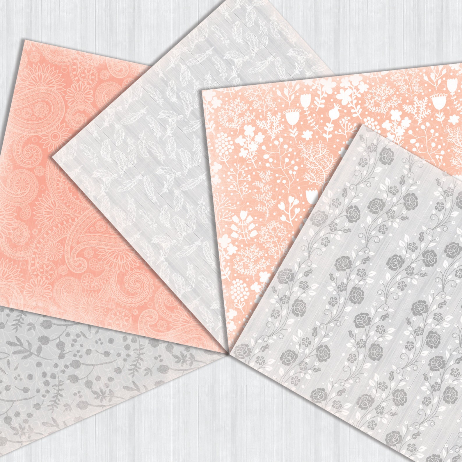 Peach Silver Digital Paper Pack Instant Download Grey Pink | Etsy