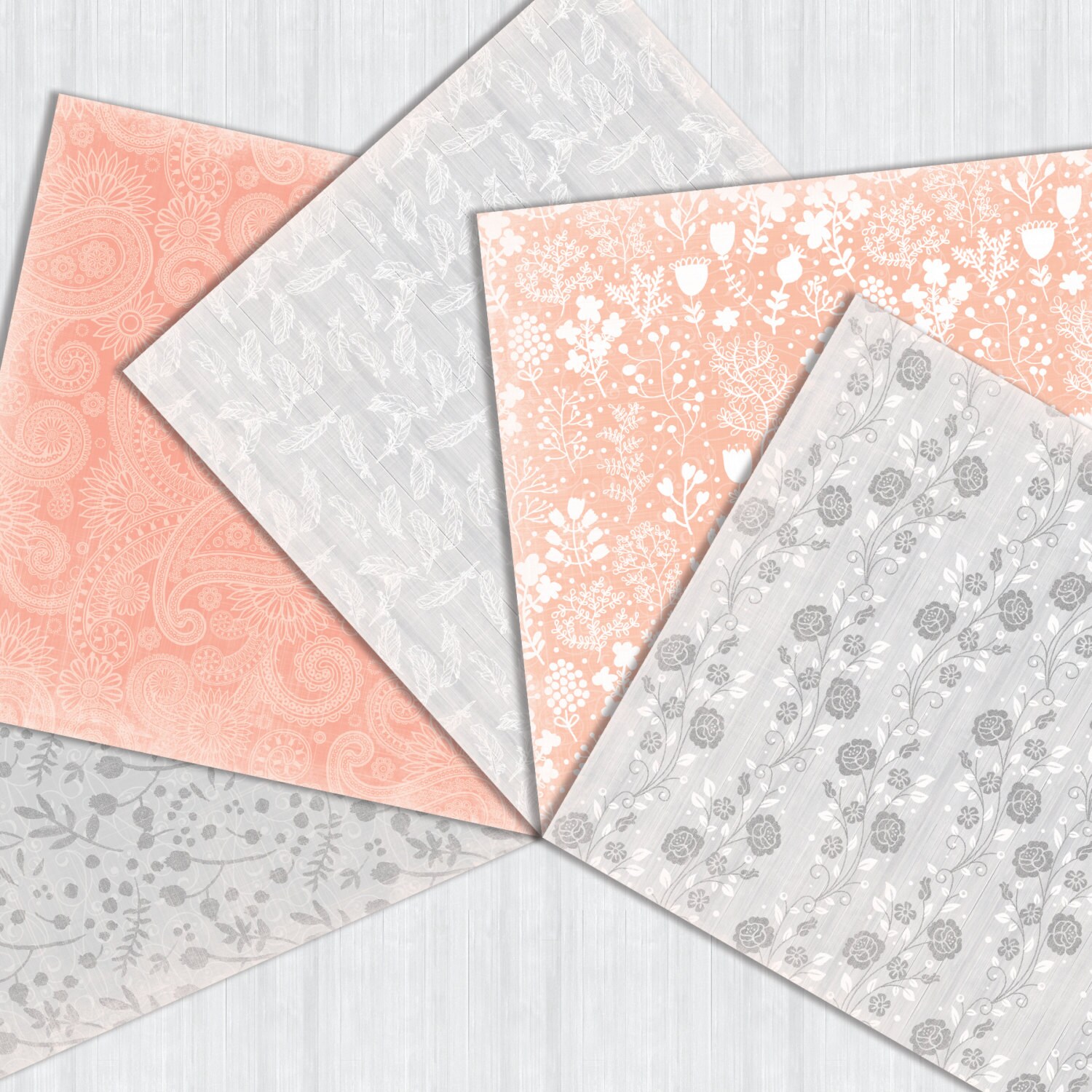 Peach Silver Digital Paper Pack Instant Download Grey Pink | Etsy