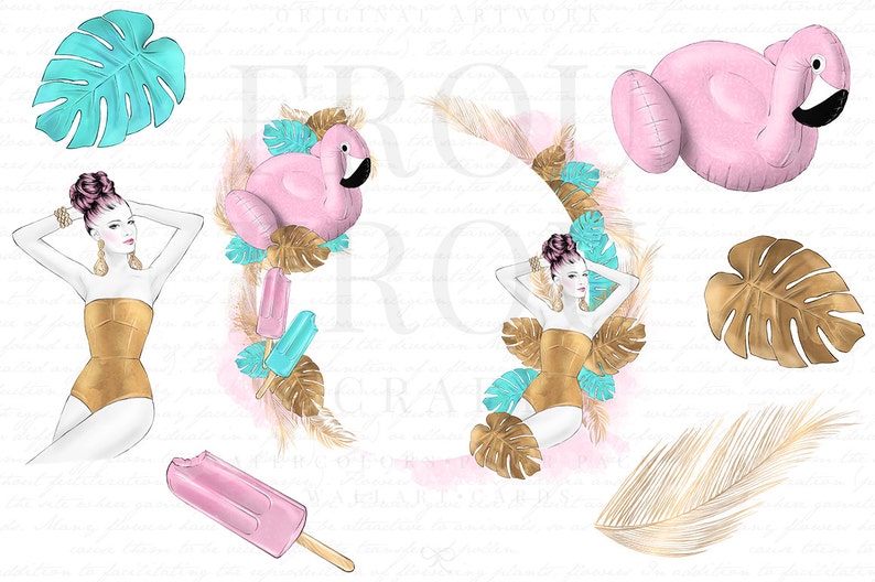 Summer Clipart Tropical Clip Art Fashion Girl Pool Party Pink | Etsy