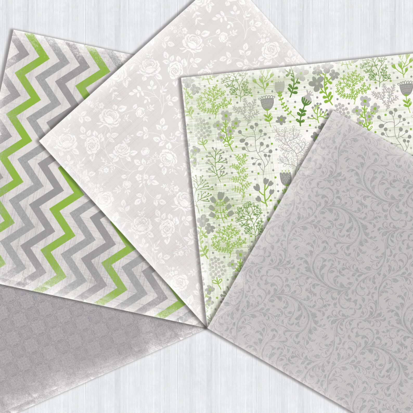 Green Digital Paper Pack Instant Download Silver Grey Vintage - Etsy
