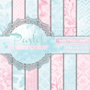 Pastel Watercolor Digital Paper Pack Instant Download Blue Mint White ...