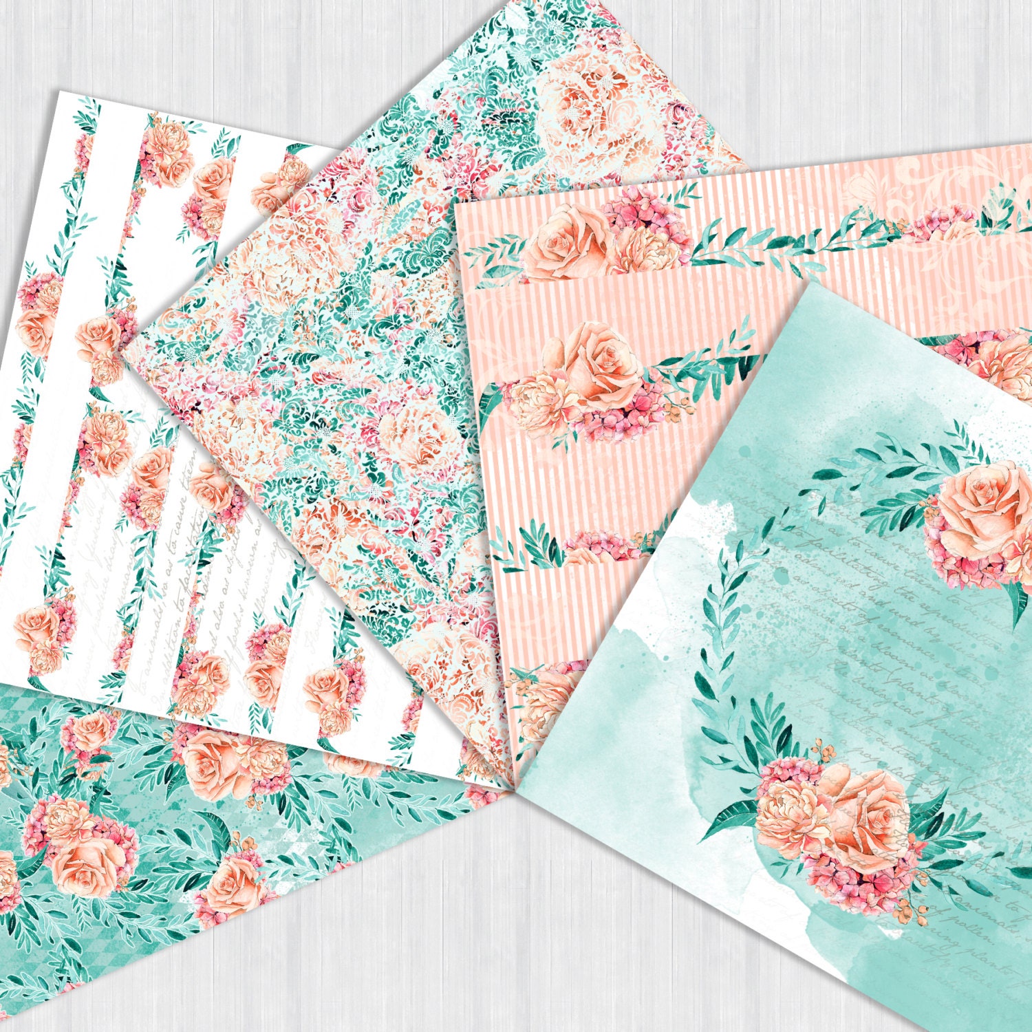 Watercolor Flowers Digital Paper Pack Peach and Mint Flowers - Etsy