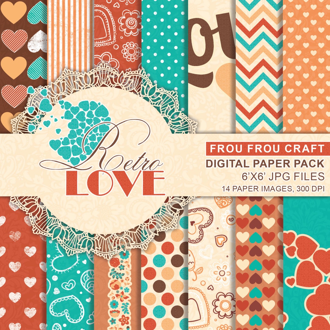 Retro Love Red and Blue Paper, Hearts Chevron Dotted Gift Wrap Paper ...