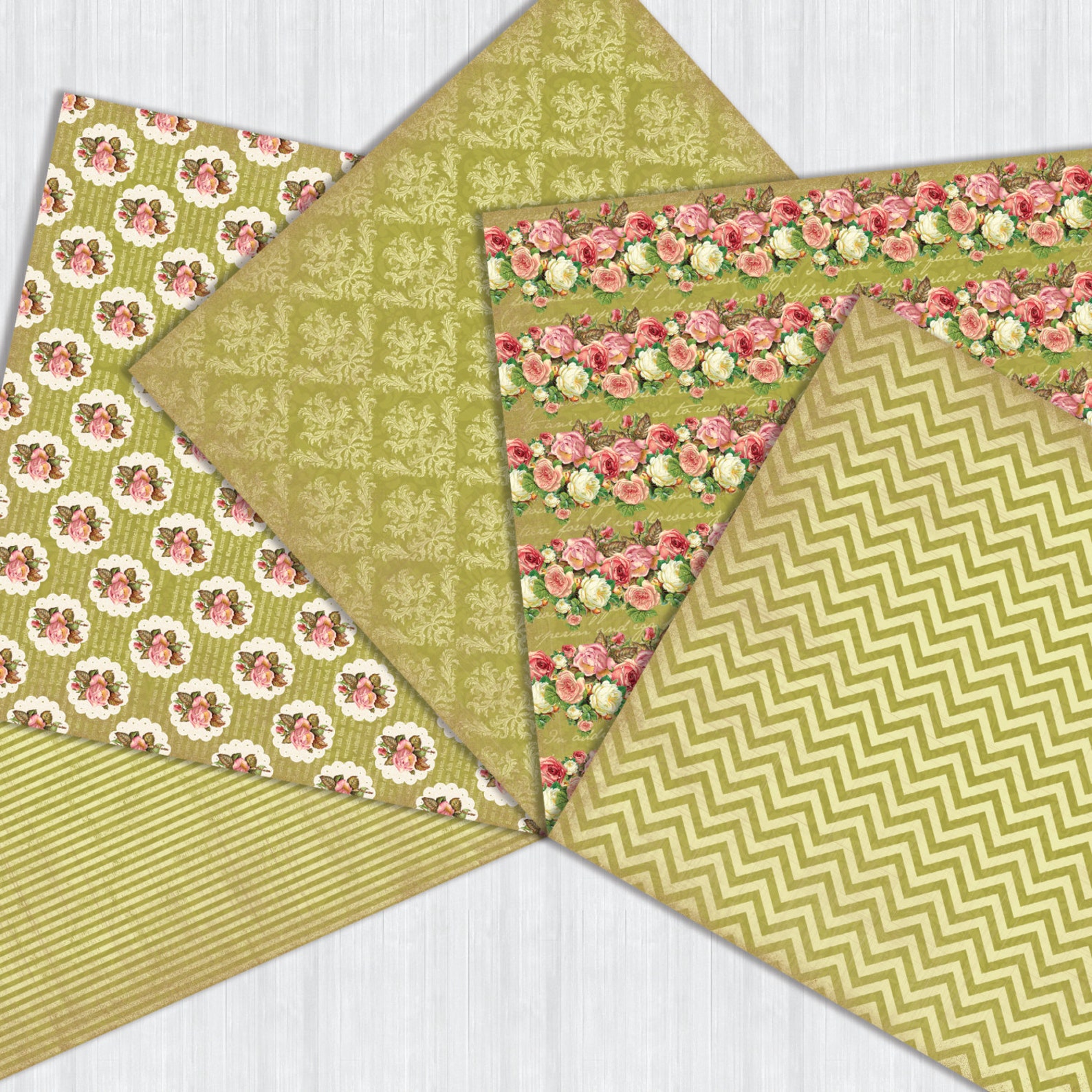 Green Roses Digital Paper Pack Instant Download Shabby Chic - Etsy