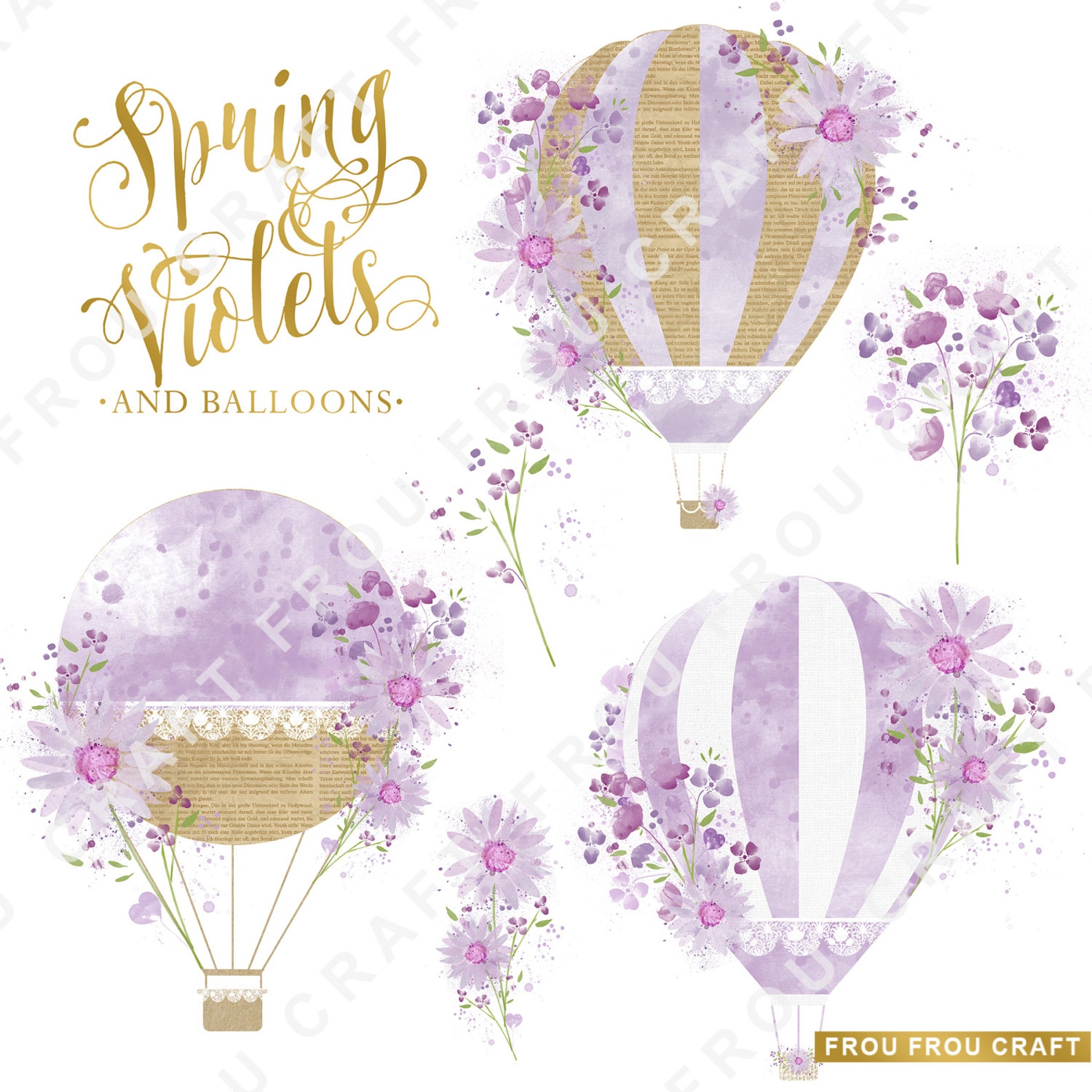 Hot Air Balloons Violet Flowers Clipart Intant Download Digital Purple ...