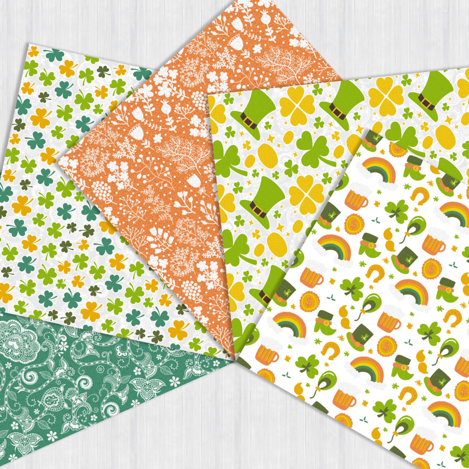 St Patricks Day Shamrock Paper, St Patty Irish Digital Paper, Green and ...