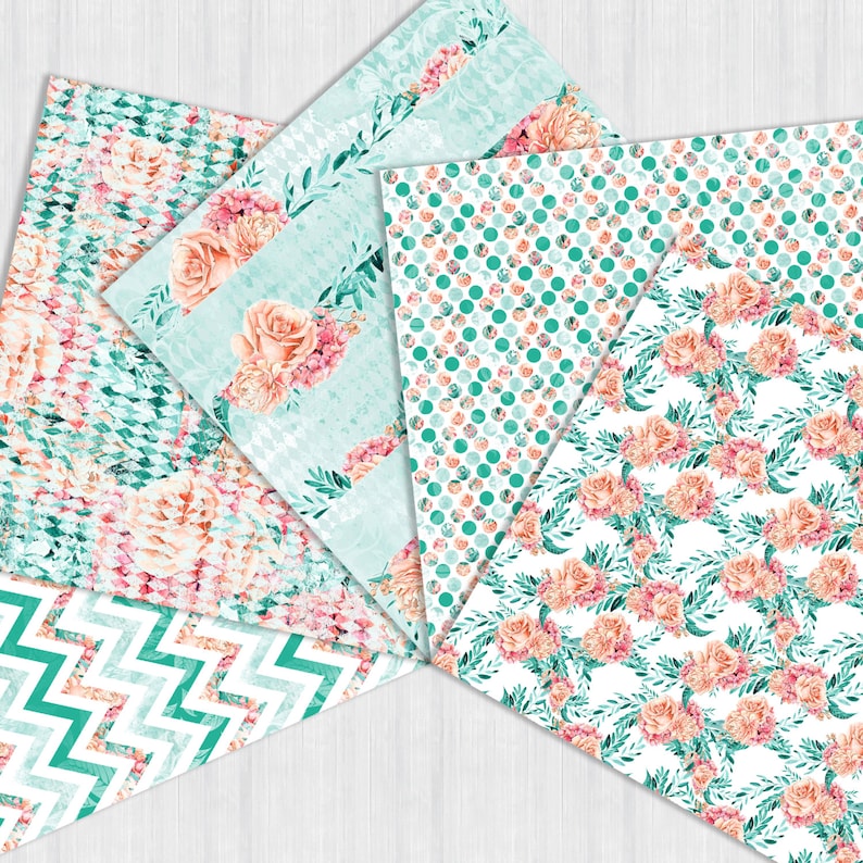 Watercolor Flowers Digital Paper Pack Peach and Mint Flowers | Etsy Canada