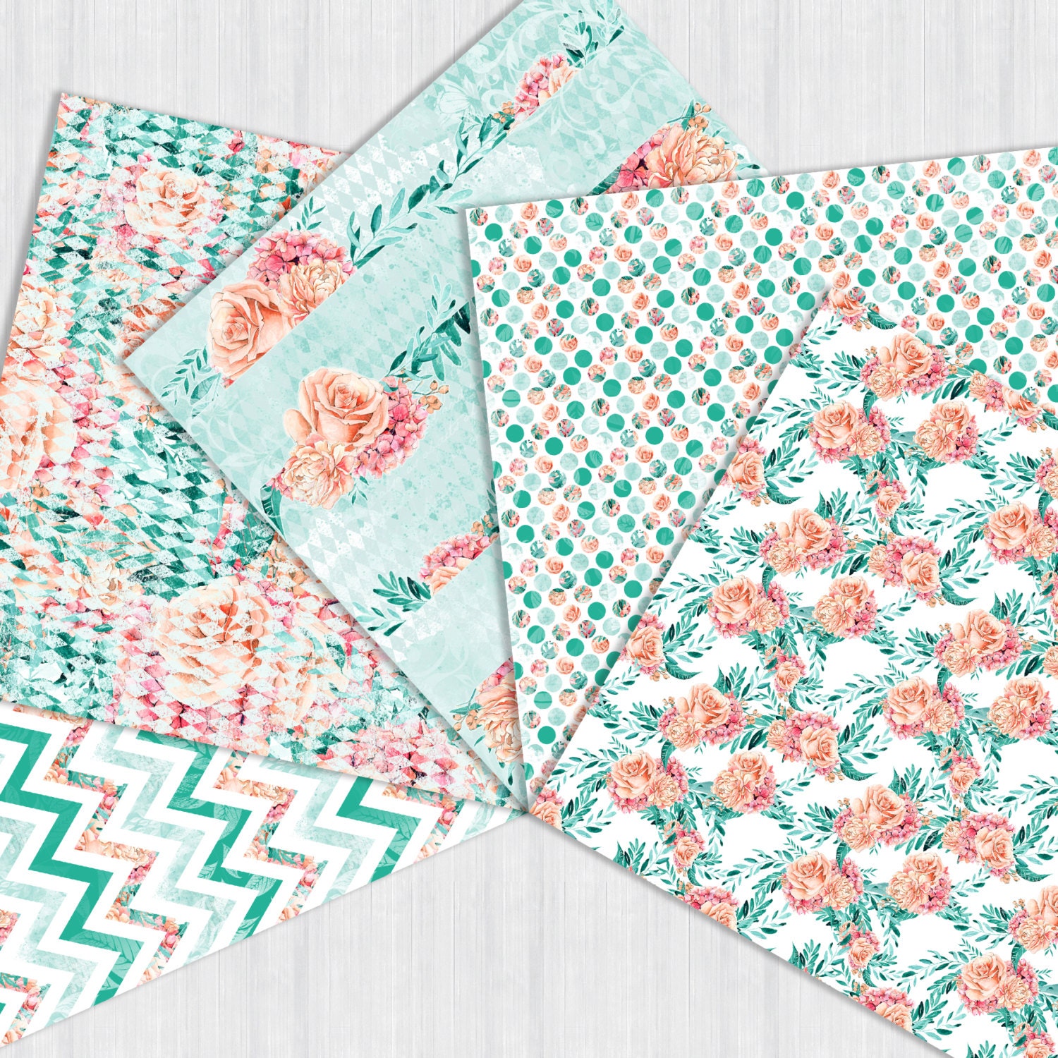 Watercolor Flowers Digital Paper Pack, Peach and Mint Flowers, Emerald ...