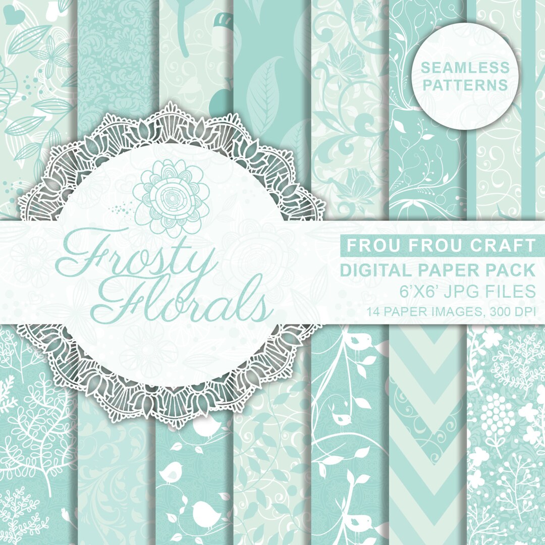 Winter Floral Seamless Pattern Digital Paper Pack Instant Download Aqua ...
