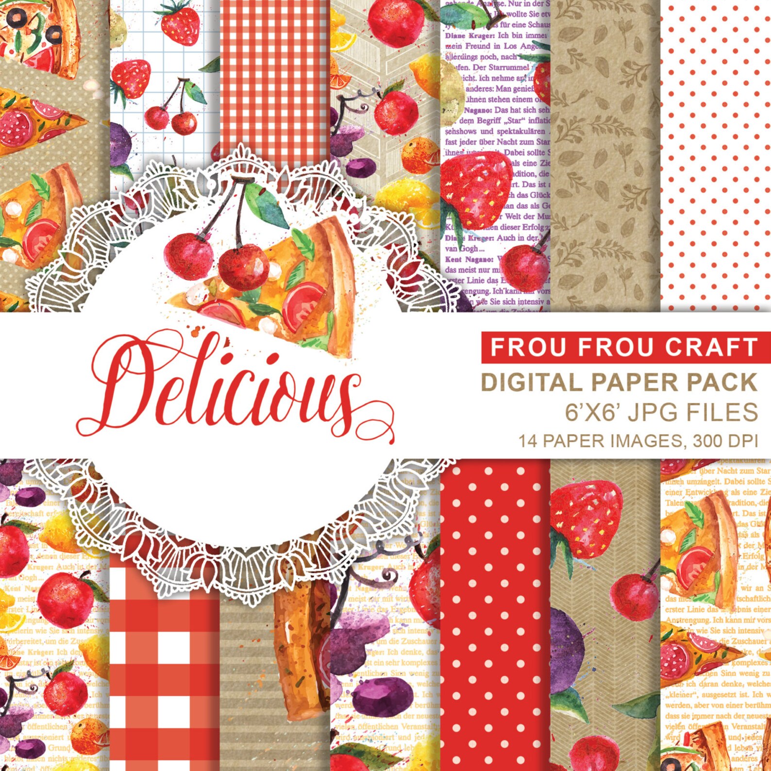 Pizza Fruits Digital Paper Pack Instant Download Delicious Picnic ...
