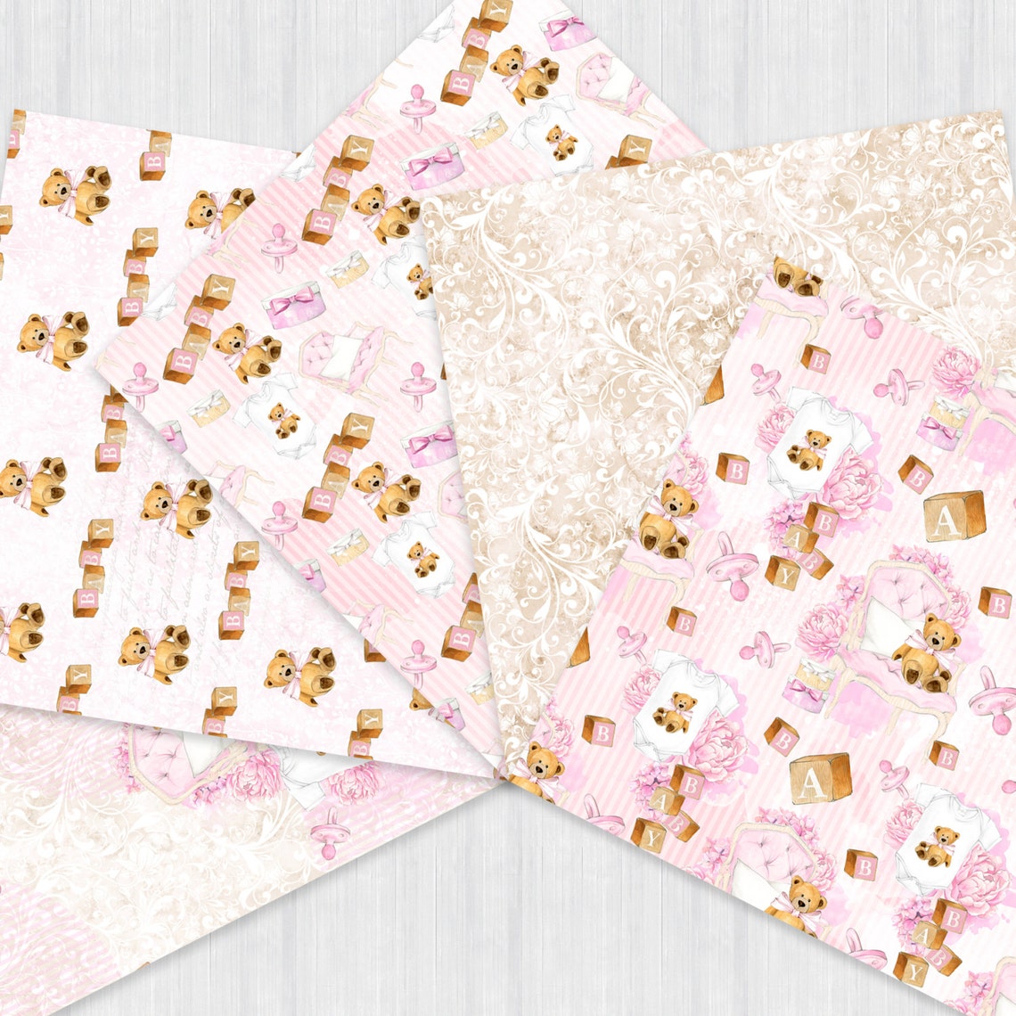 Baby Paper Pack Baby Girl Scrapbook Nursery Background Pink Teddy Bear ...