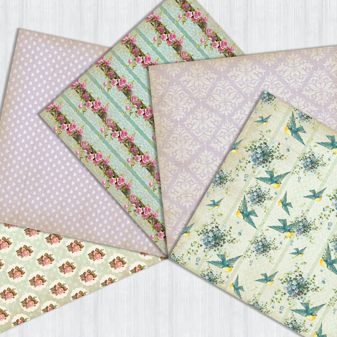 Violets and Birds Digital Paper Pack Instant Download Shabby | Etsy