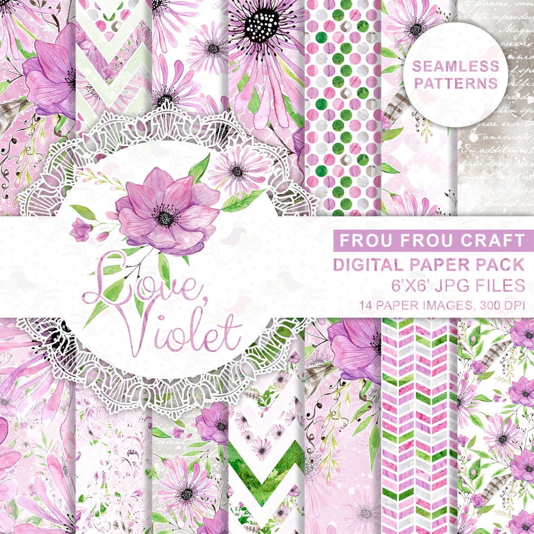 Watercolor Flowers Digital Paper Pack Seamless Pattern Purple Violet ...