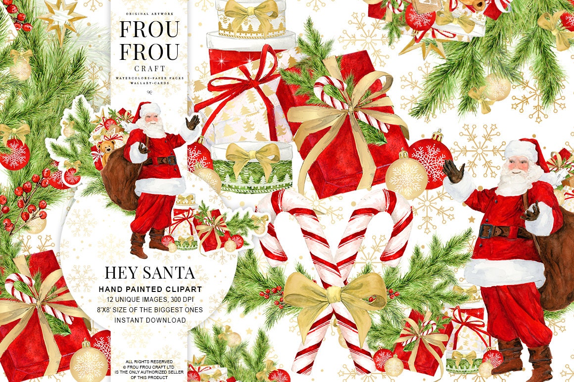 Christmas Clipart Watercolor Christmas Clip Art Santa Graphics - Etsy