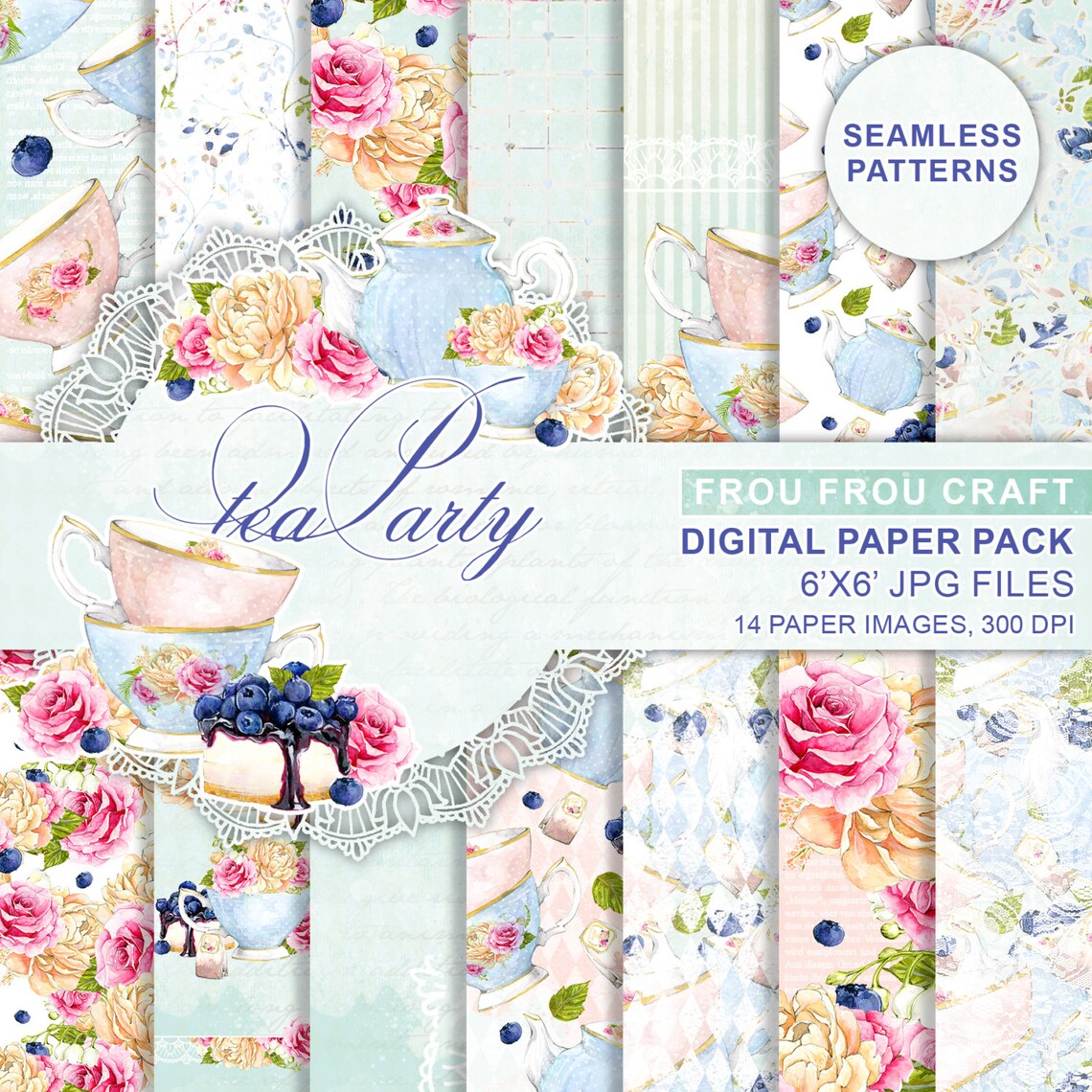 Tea Party Digital Paper Pack Watercolor Flowers Seamless Patterns ...
