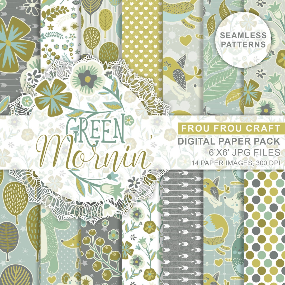 Green Blue Digital Paper Pack, Birds Flowers Seamless Patterns, Vintage ...