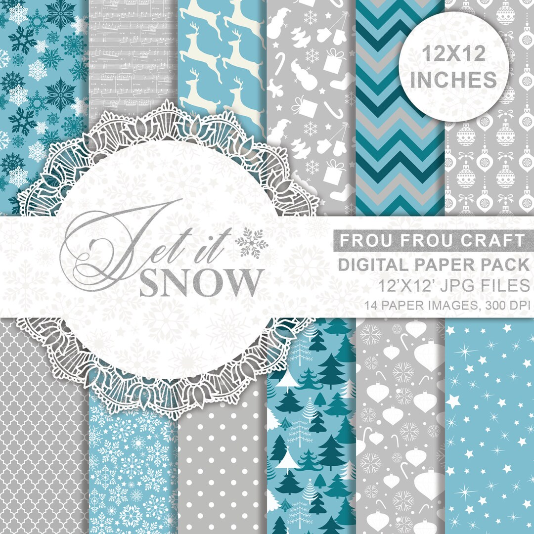 Blue Christmas Digital Paper Pack Instant Download Grey White Let It ...