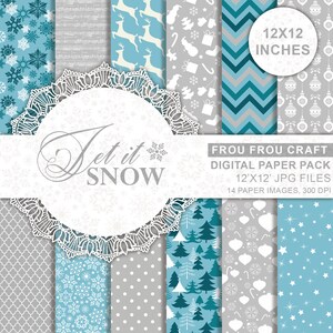 Blue Christmas Digital Paper Pack Instant Download Grey White Let It ...