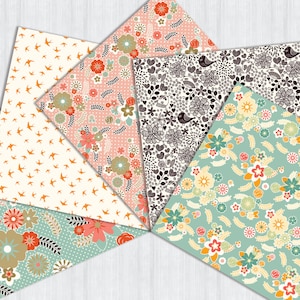 Retro Birds Pattern Digital Paper, Leaf Pattern Art, Vintage Shabby ...