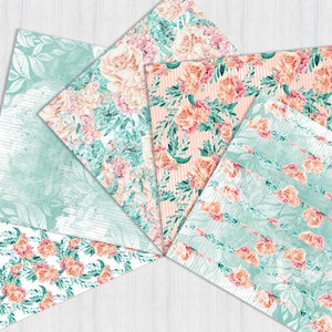 Watercolor Flowers Digital Paper Pack, Peach and Mint Flowers, Emerald ...