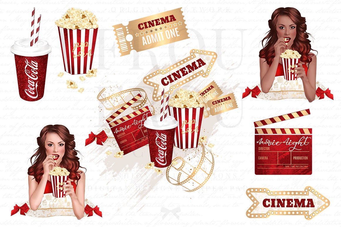 Movie Clip Art, Movie Night Clipart, Theater Fashion Illustration ...