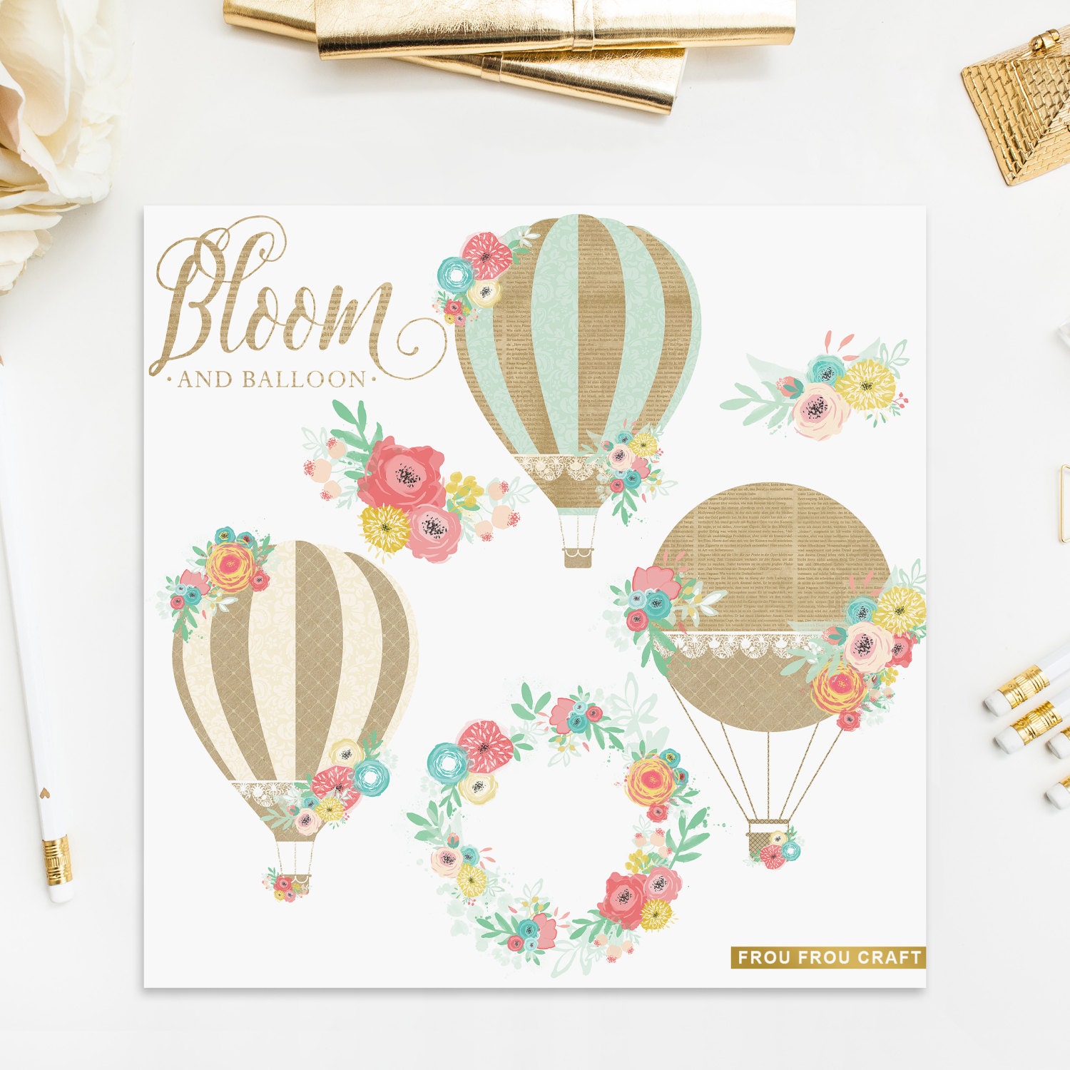 Hot Air Balloons Flowers ClipArt Intant Download Digital Pink | Etsy