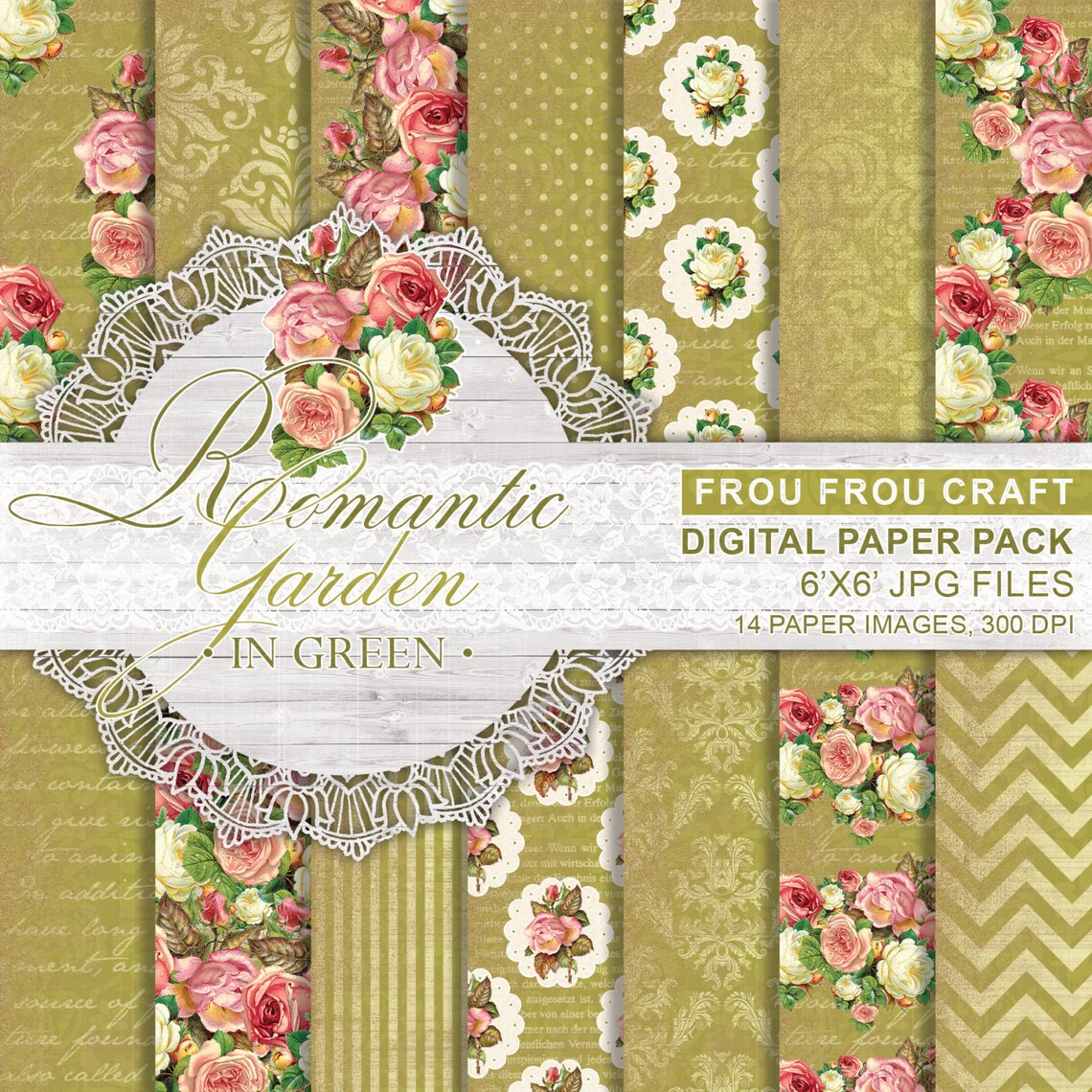 Green Roses Digital Paper Pack Instant Download Shabby Chic - Etsy