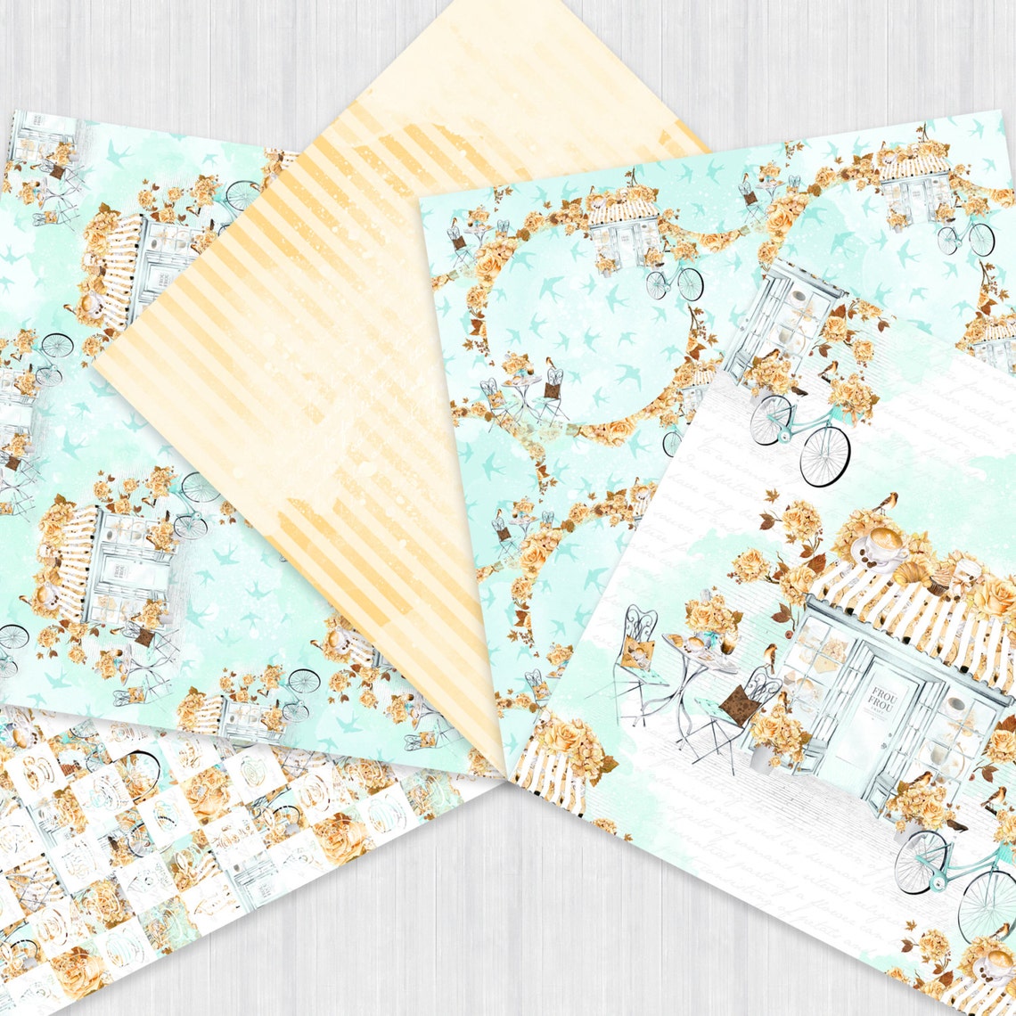 Paris Paper Pack Coffee Digital Backgrounds Watercolor Bakery Seamless ...