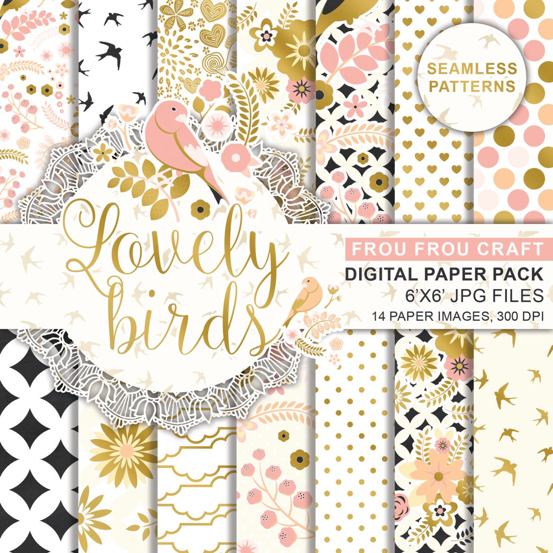 Pink and Gold Foil Birds Digital Printable Paper Spring - Etsy