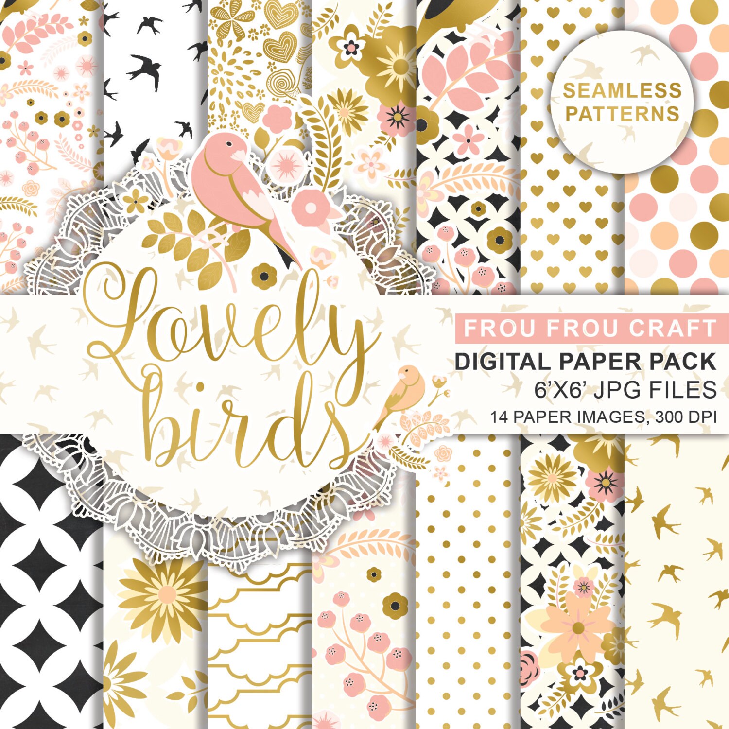 Pink and Gold Foil Birds Digital Printable Paper, Spring Digital ...