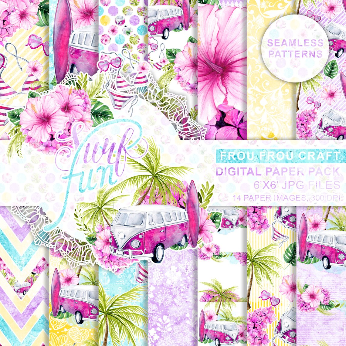 Boho Digital Paper Pack, Watercolor Beach, Seamless Patterns, Summer ...