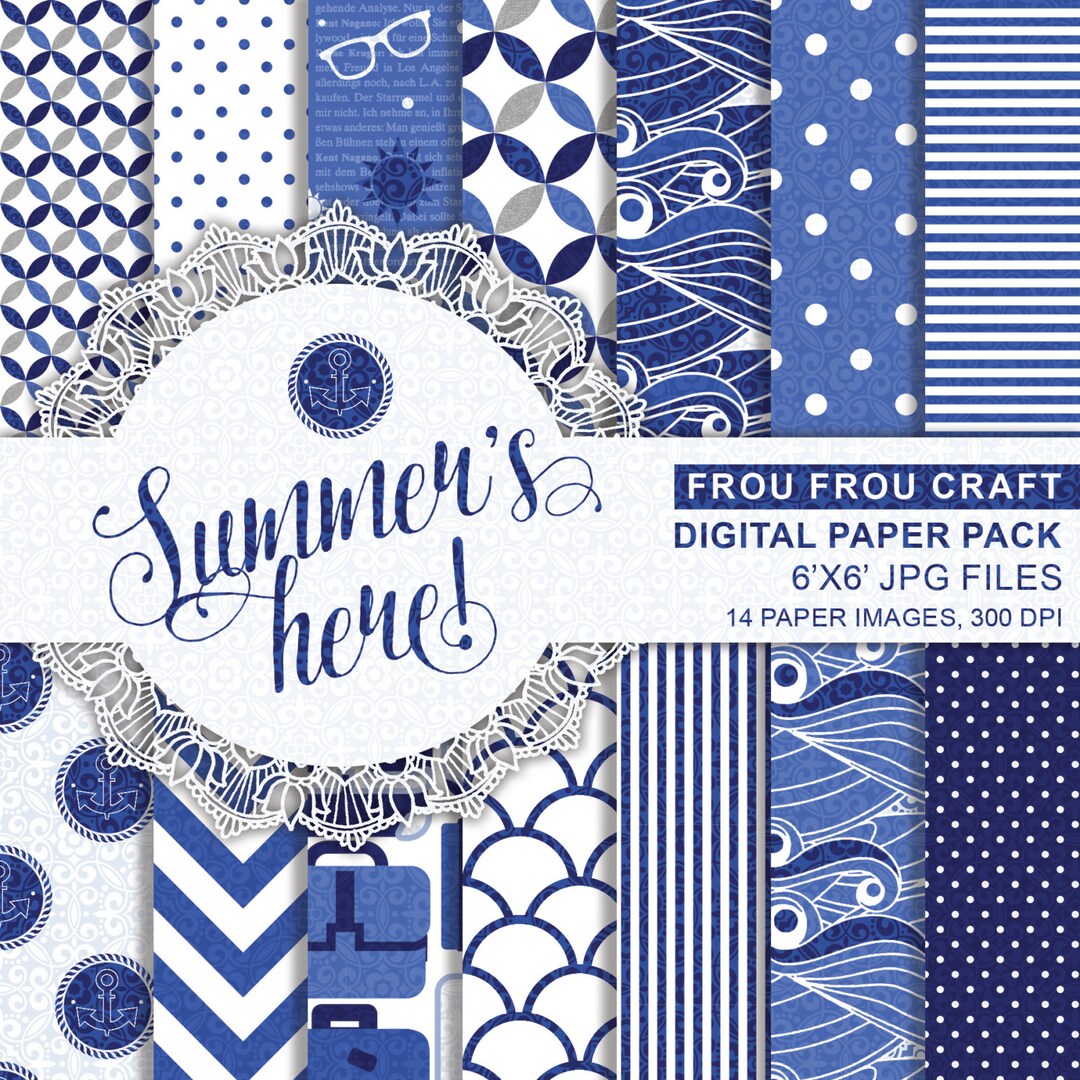 Blue Summer Digital Paper Pack Instant Download Sea Holiday White Navy ...