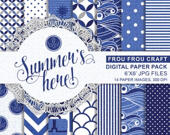 NAUTICAL Digital Paper: neutral BLUE Nautical Seamless Pattern Prints ...