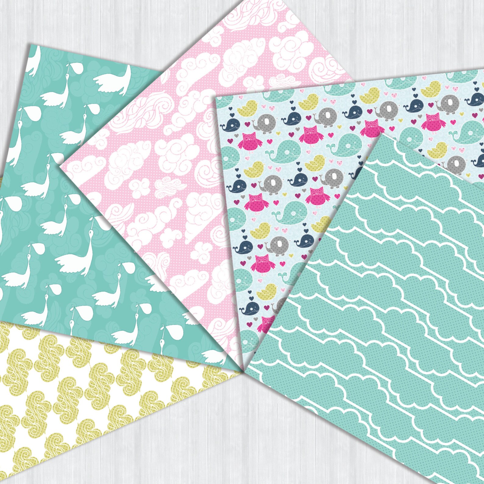 Cute Baby Animals Digital Paper Pack Instant Download Blue Pink Green ...