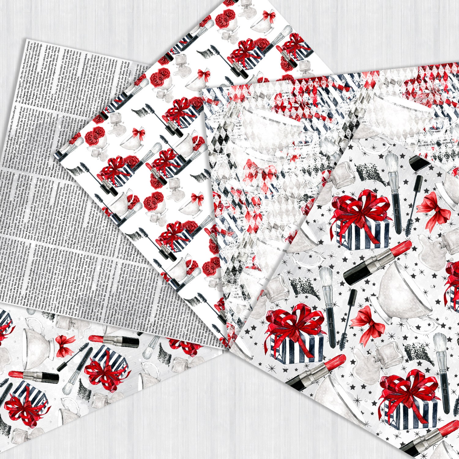 Red Lipstick Digital Paper Pack Makeup Seamless Pattern Newspaper ...