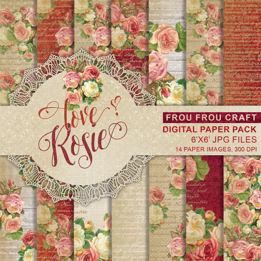 Red Roses Digital Paper Pack Instant Download Burlap Wood Shabby Chic ...