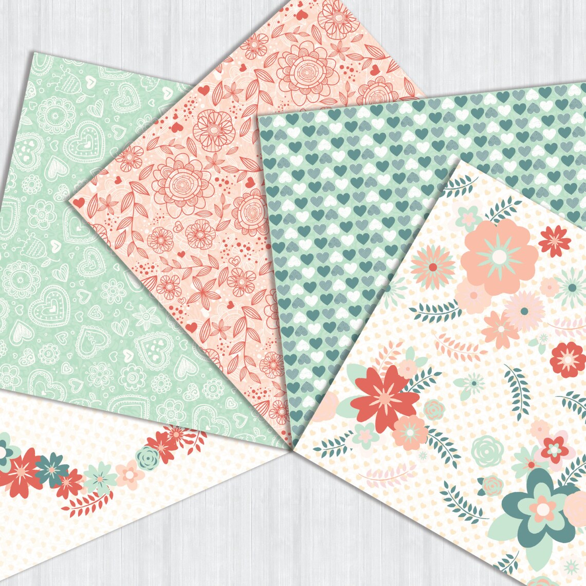 Flower Love Digital Paper Pack Instant Download Valentine - Etsy