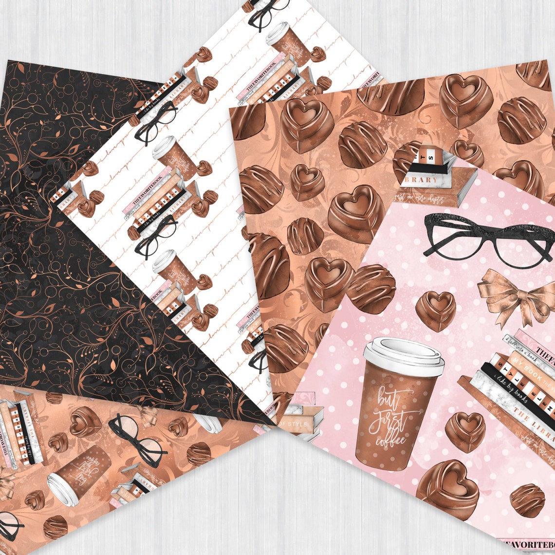 Bakery Paper Pack Coffee Digital Backgrounds Books Lover Gift Planner ...