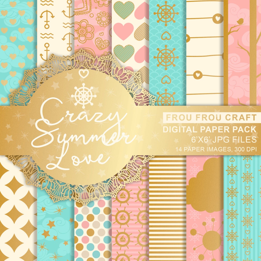 Pink Blue Gold Foil Digital Paper Pack Summer Love Nautical Sea Navy ...