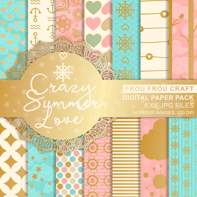 Pink Blue Gold Foil Digital Paper Pack Summer Love Nautical - Etsy