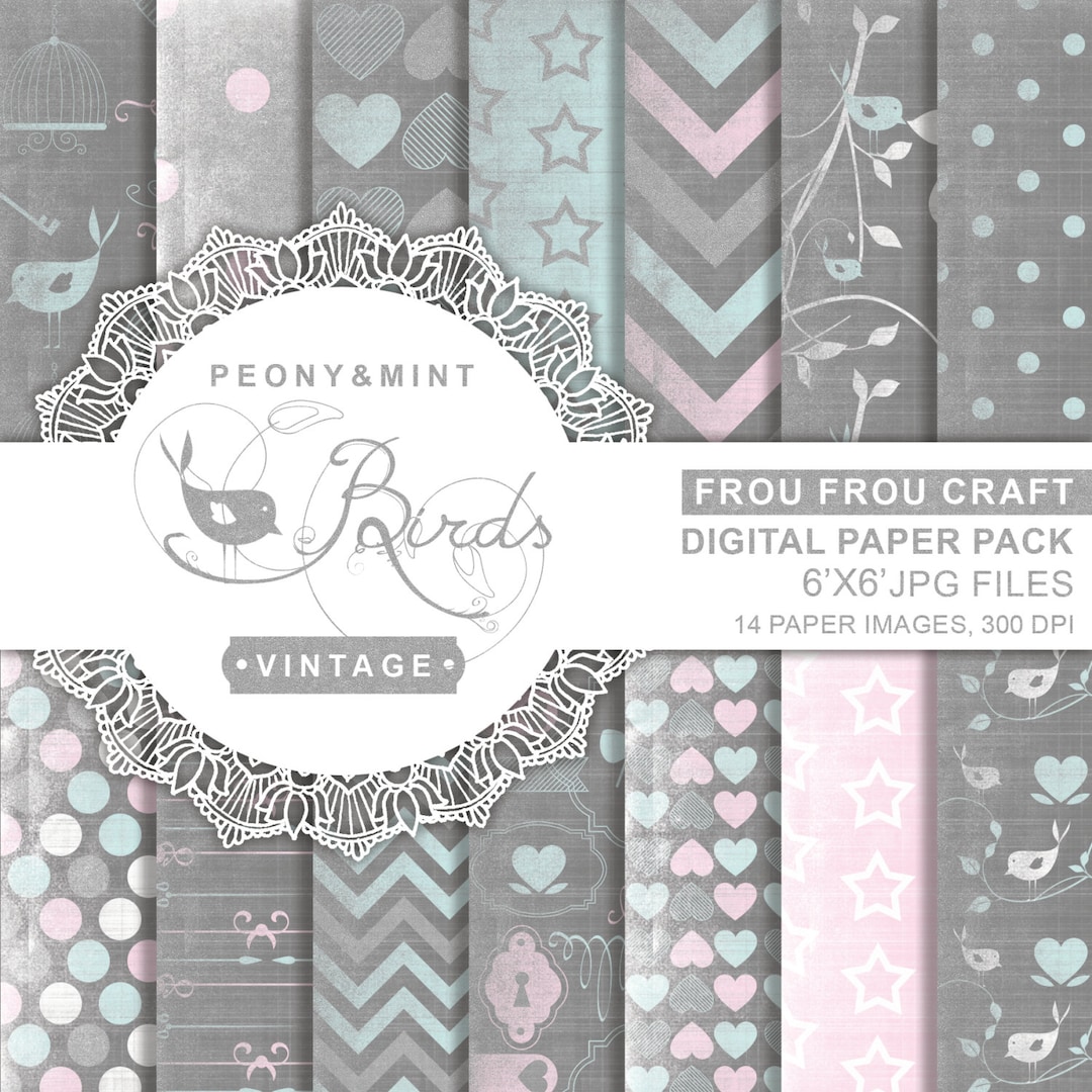 Birds Digital Paper Pack Instant Download Pattern Peony Pink Blue Mint ...