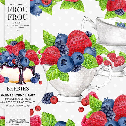 Berries Clipart Fruits Clip Art Strawberry Blueberry Raspberry | Etsy