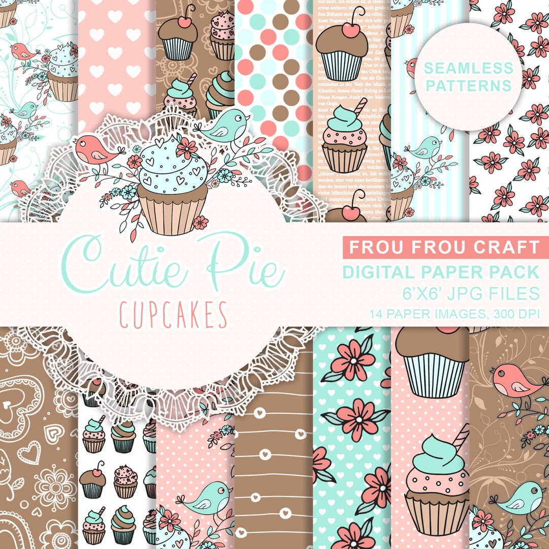 Cupcakes Birds Seamless Patterns Digital Paper Pack Instant Download ...