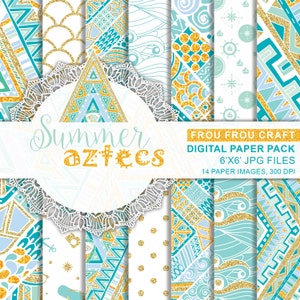 Summer Aztecs Digital Paper Pack Instant Download Gold Glitter Hawaii ...