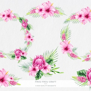 Watercolor Flowers Clipart Tropical Summer Aloha Hibiscus Protea Pink ...