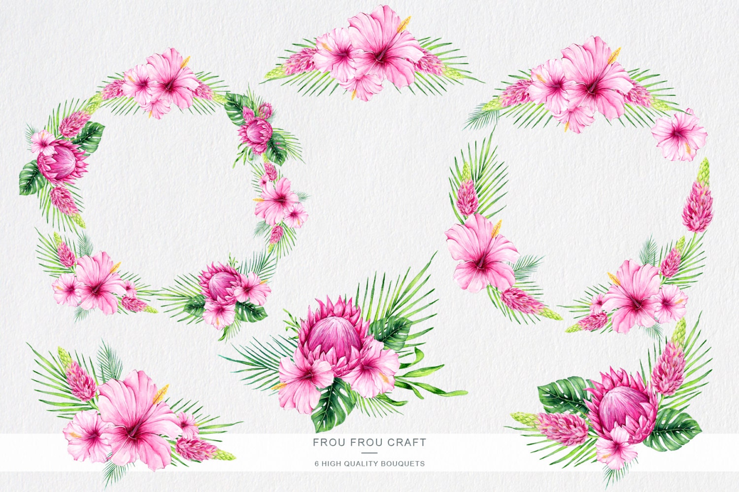 Watercolor Flowers Clipart Tropical Summer Aloha Hibiscus Protea Pink ...