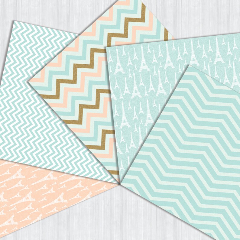 Paris Mint Chevron Digital Paper Pack Instant Download Eiffel - Etsy UK