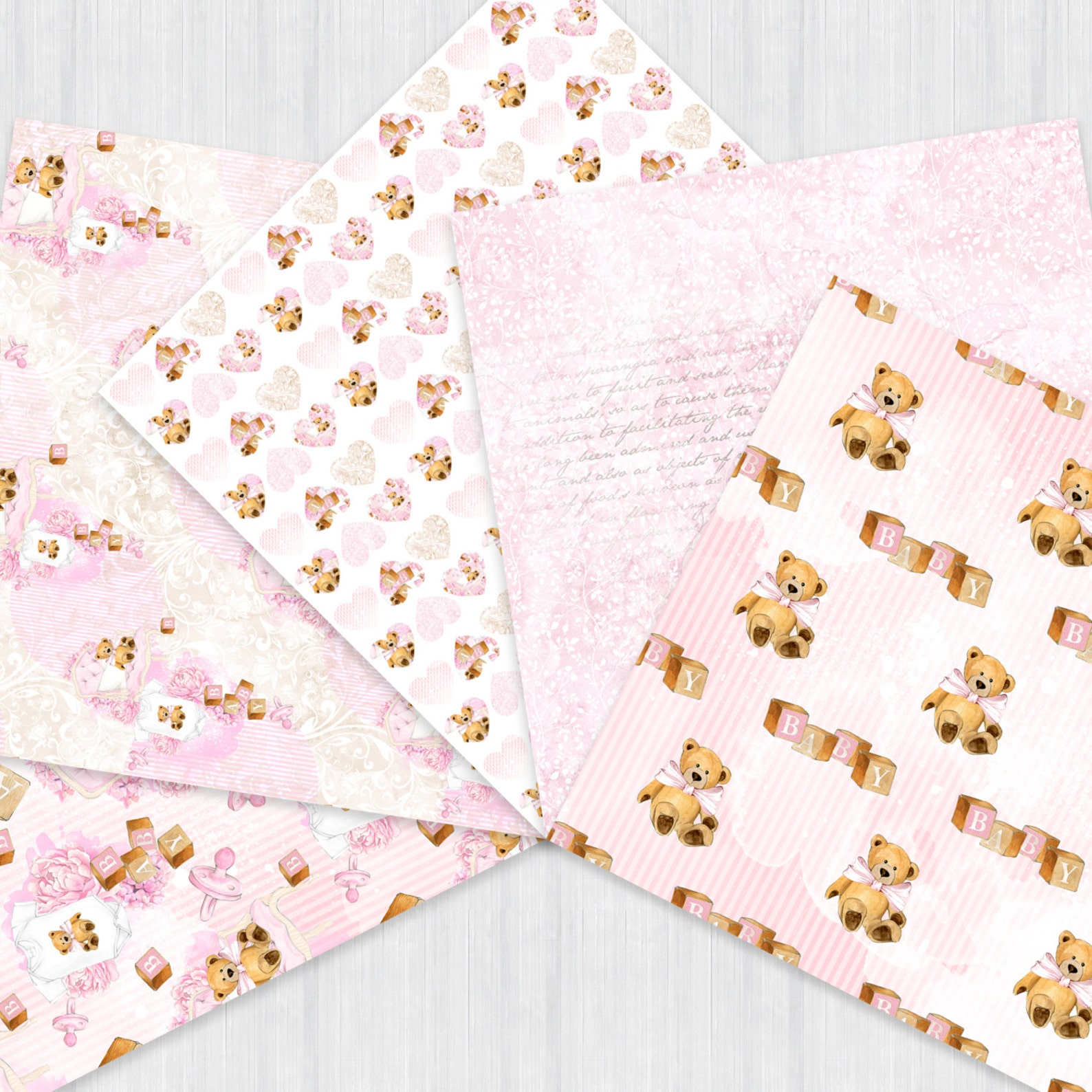 Baby Paper Pack Baby Girl Scrapbook Nursery Background Pink Teddy Bear ...