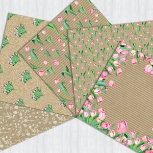 Pink Tulips Kraft Paper Watercolor Spring Flowers Digital Paper Pack ...