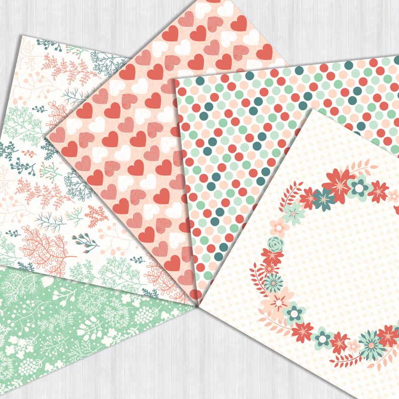 Flower Love Digital Paper Pack Instant Download Valentine Hearts Sweet ...